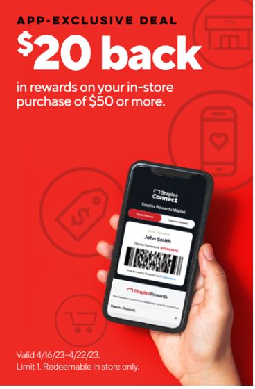 Staples B&M $20 back in rewards with purchase of $50 or more with app ...