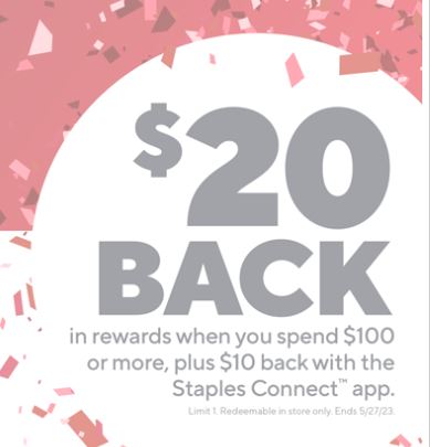 Staples B&M $20 back in rewards with purchase of $100 or more in store ...