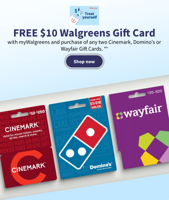 Walgreens: Free $10 WG GC with purchase of 2 Cinemark $10 GCs $20