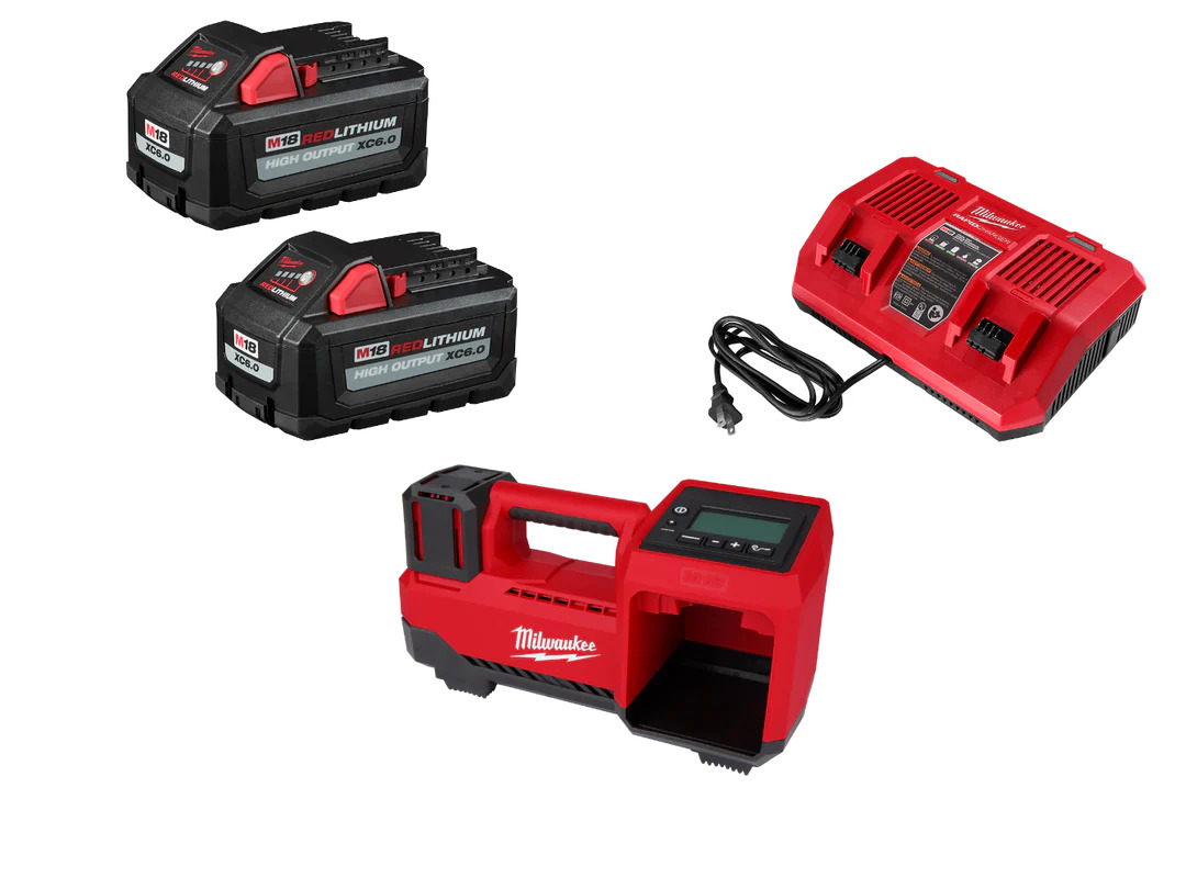 Milwaukee M18 18V Cordless Tire Inflator + 2x 6.0Ah Batteries + Dual ...