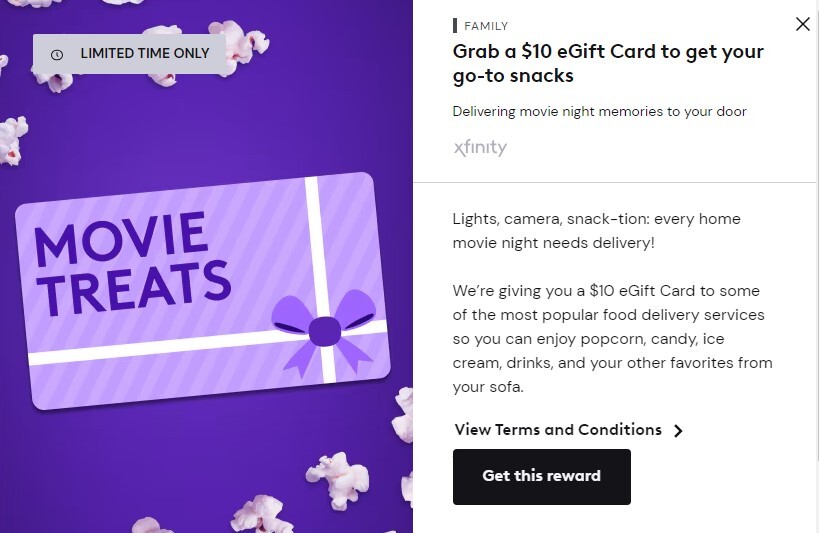 Xfinity Rewards Members: $10 Uber Eats or Grub Hub eGC