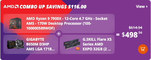 Bundle: AMD Ryzen 9 7900X CPU, Gigabyte B650M D3HP motherboard, G.Skill Flare X5 32GB DDR5, YMMV ...