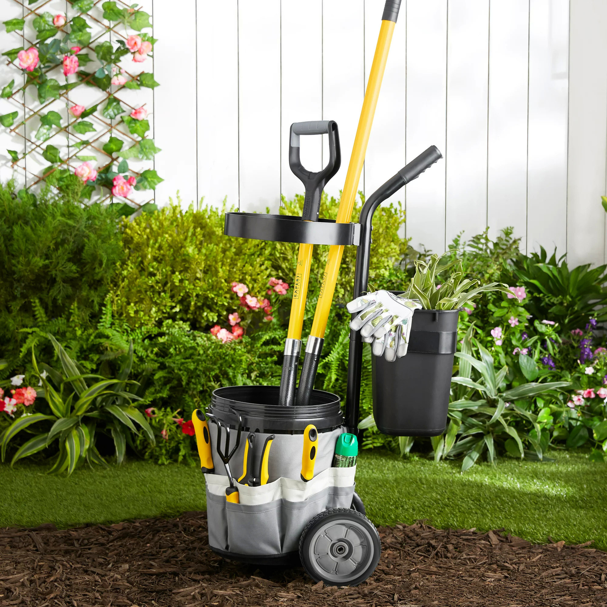 Expert Gardener Landscaping Steel Tool Caddy w/ Bucket, Canvas Pockets ...