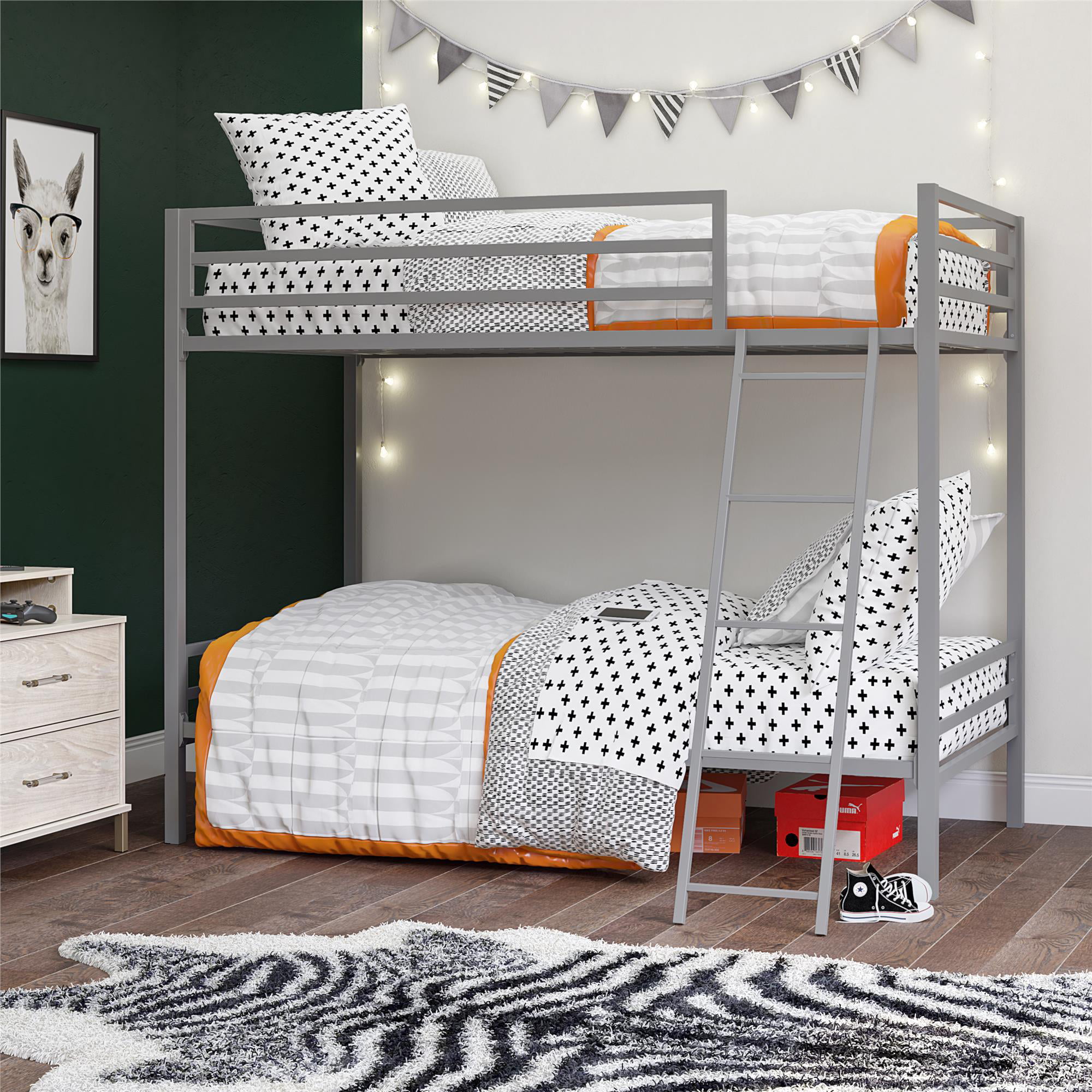 Teen Novogratz Charlie Twin-Over-Twin Metal Bunk Bed (Gray, Navy Blue ...