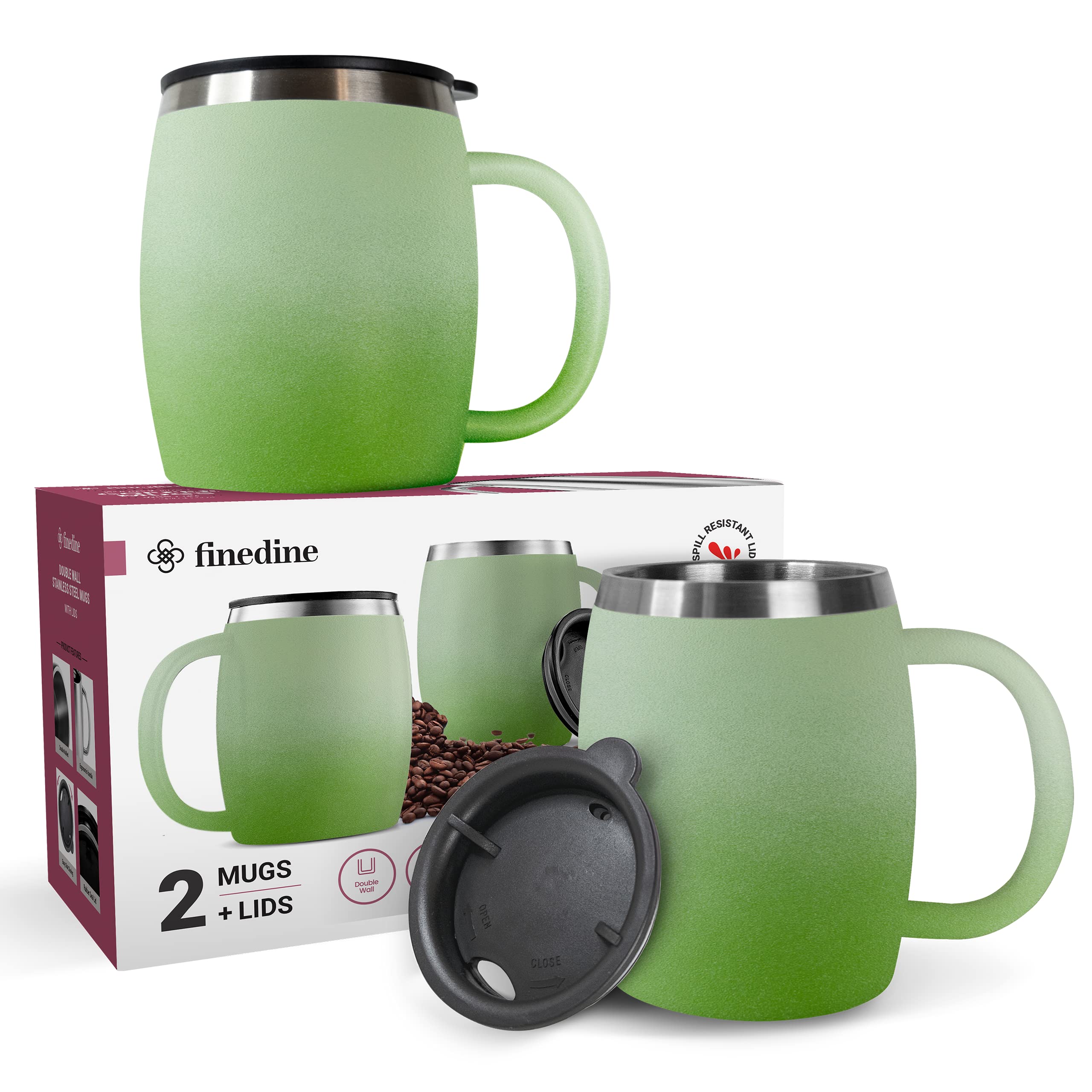 2-Pack FineDine 14-Oz Double-Wall Stainless Steel Coffee Mugs w/ Spill ...