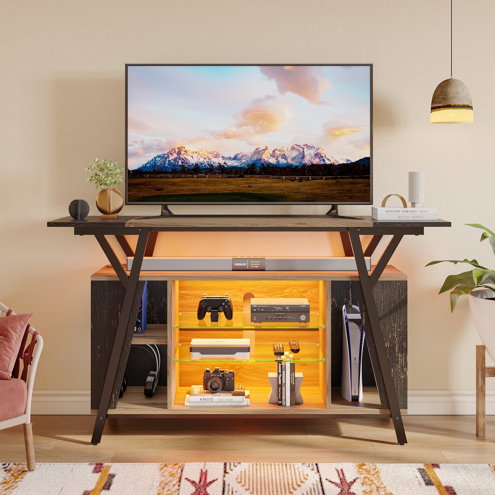 Bestier TV Stand w/ Power Outlets & RGB LED Lights (Walnut, Pinewood ...