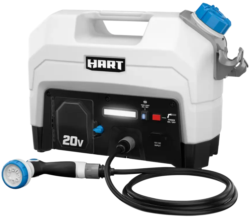 HART 20V 50 PSI Portable Rinser Kit W 20V 2Ah Li Ion Battery 20 Hose