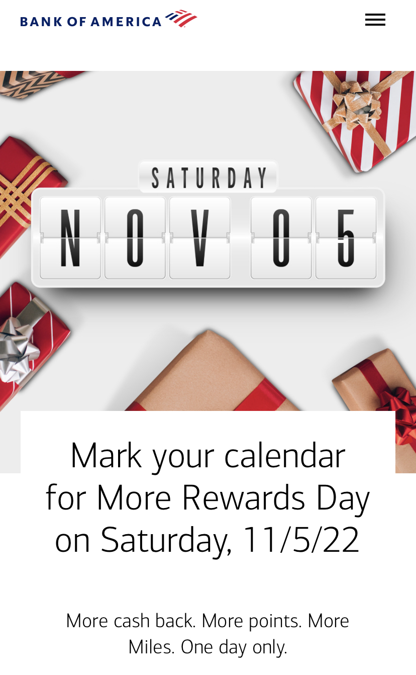 Bank of America Cards - More Rewards day on Saturday, 11/5/22