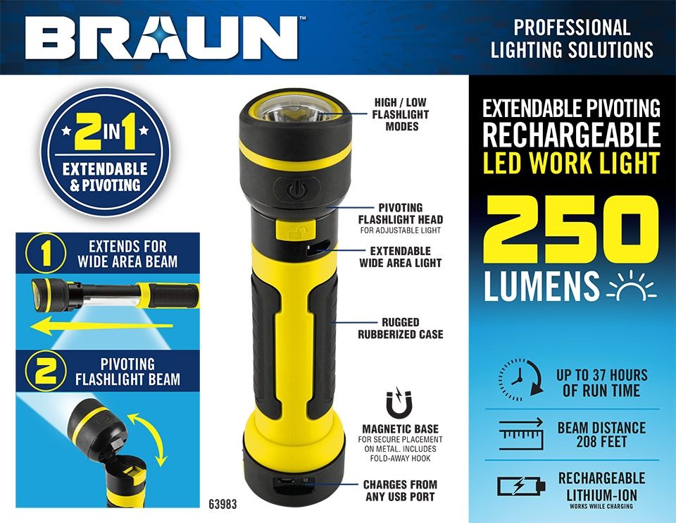 Braun 250 Lumen 2-In-1 Extendable Rechargeable Work Light $9.87